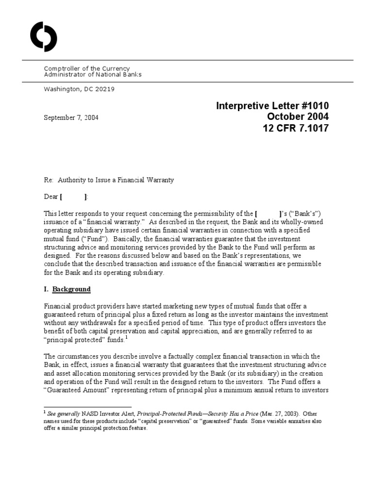 OCC Interpretive Letter 1010 | Guarantee | Banks
