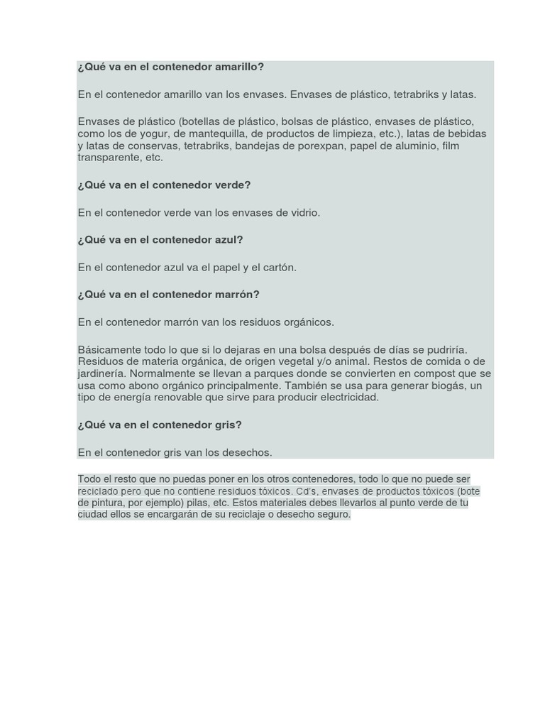 Qué Va en Cada Contenedor | PDF | Hogar, jardinería y bricolaje