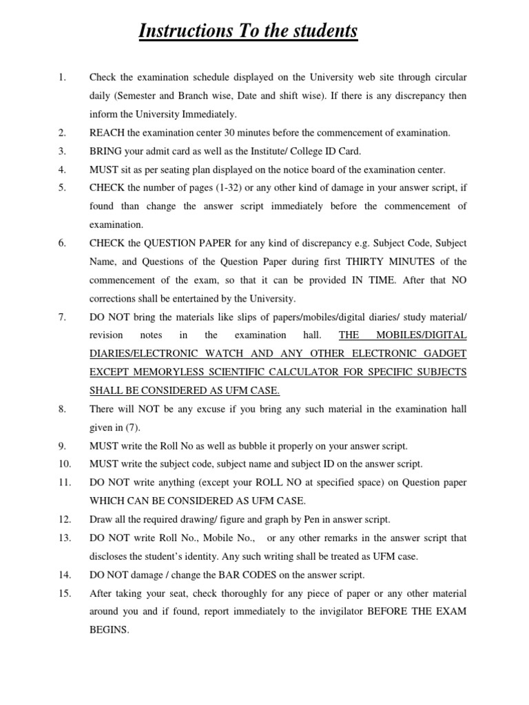 Instructions To The Students | PDF
