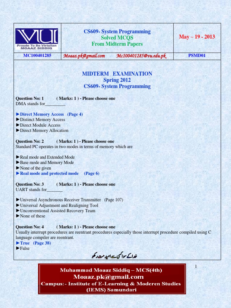 CS609 - Midterm Solved Mcqs With References by Moaaz PDF | PDF | Input/Output | Bios