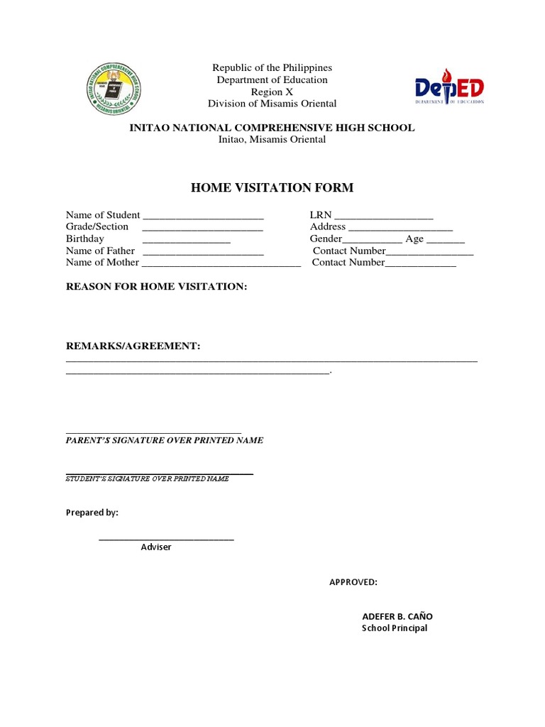 Home Visitation Form: Initao National Comprehensive High School | PDF