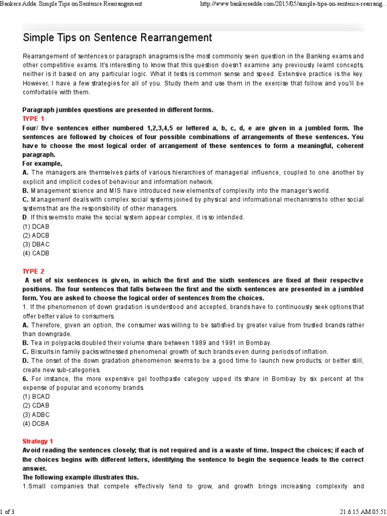 Bankers Adda - Simple Tips On Sentence Rearrangement | PDF | Brand ...
