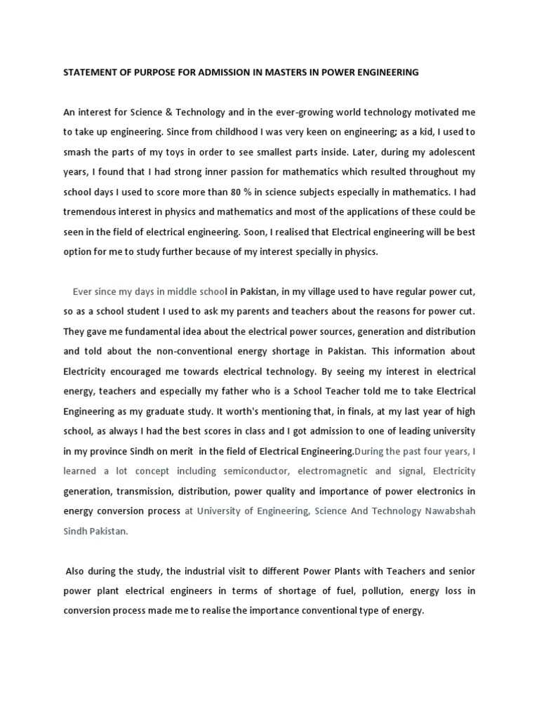 Statement of Purpose For Admission in Masters in Power Engineering ...