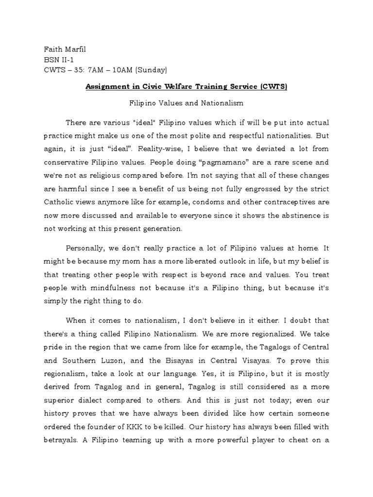 Assignment in Civic Welfare Training Service (CWTS) | PDF