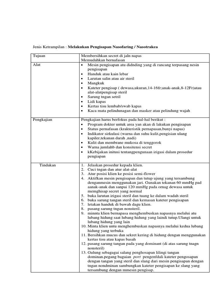 SOP Melakukan Pengisapan Nasofaring - Nasotrakea | PDF