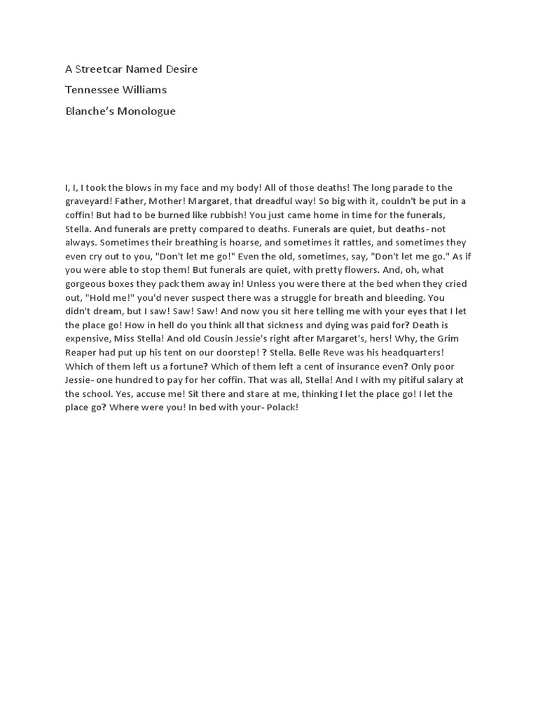 A Streetcar Named Desire Tennessee Williams Blanche's Monologue | PDF | Art | Mystery, Thriller ...