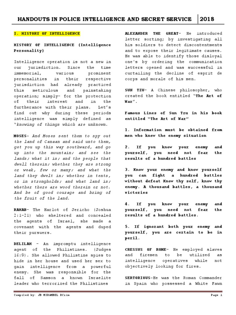Handouts in Police Intelligence and Secret Service 2018: Compiled By ...