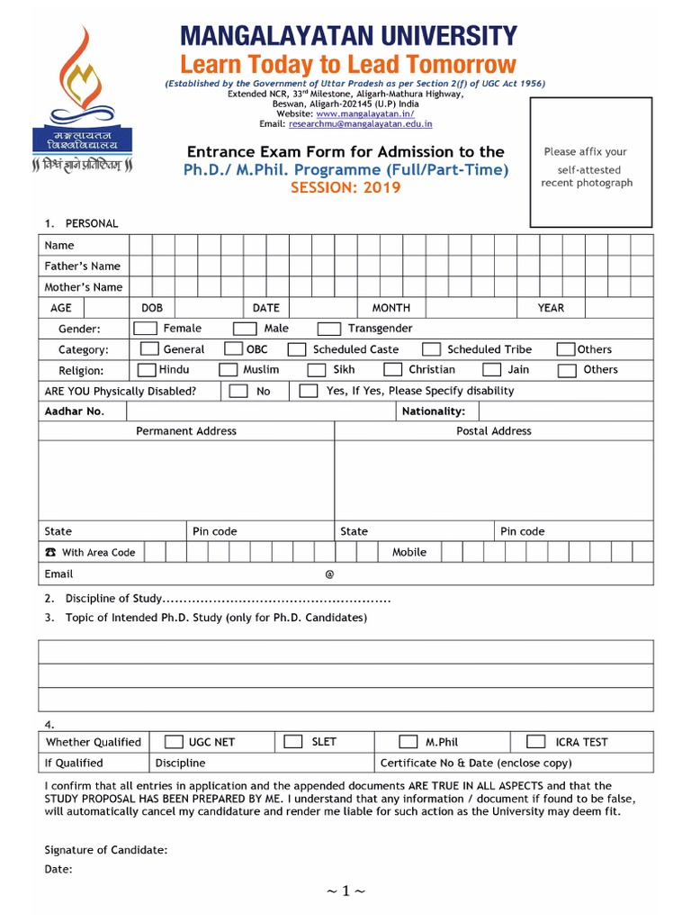 PH.D M.phil Application Form Mangalayatan University 2019-20 | PDF
