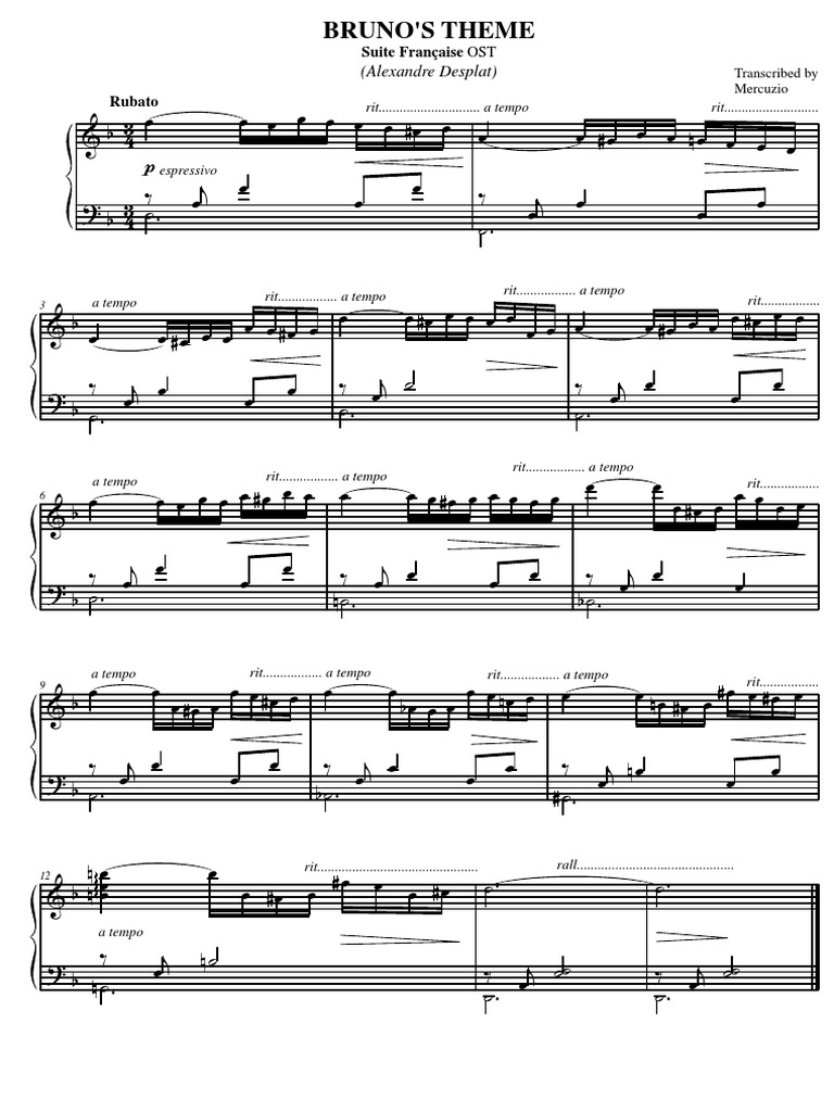 Bruno's Theme (Suite Française OST) Alexandre Desplat PDF | PDF ...