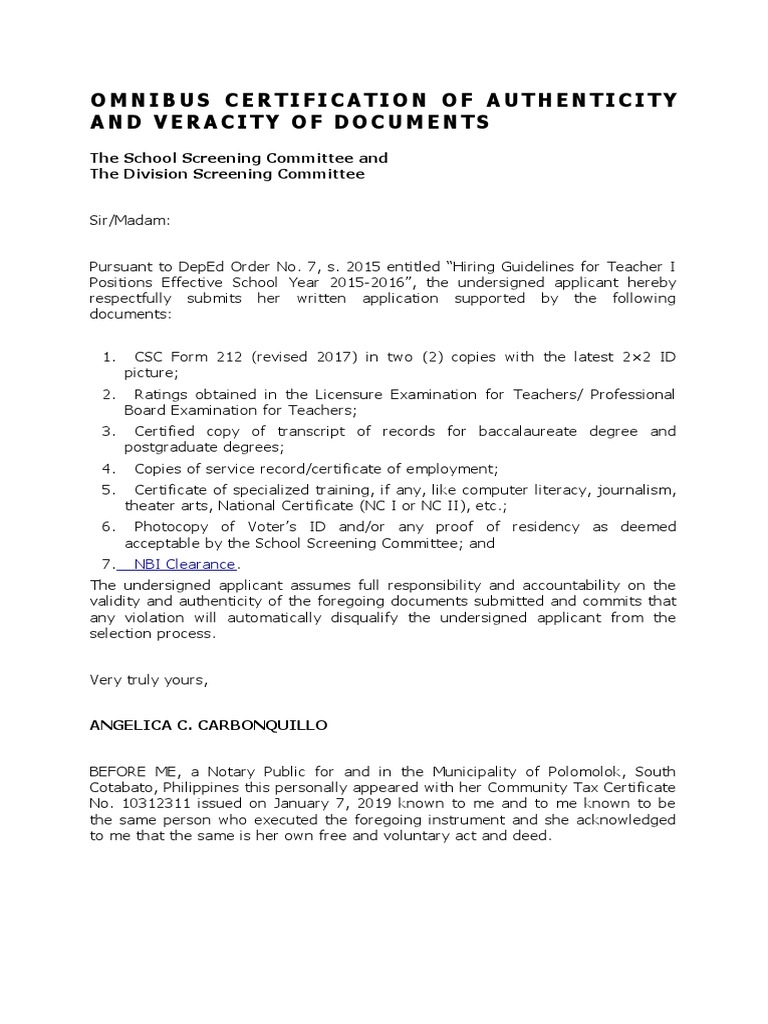 Omnibus Certification of Authenticity and Veracity of Document | PDF ...