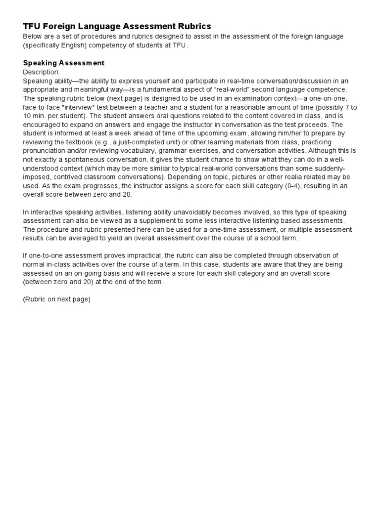 TFU Foreign Language Assessment Rubrics | PDF | Fluency | Essays