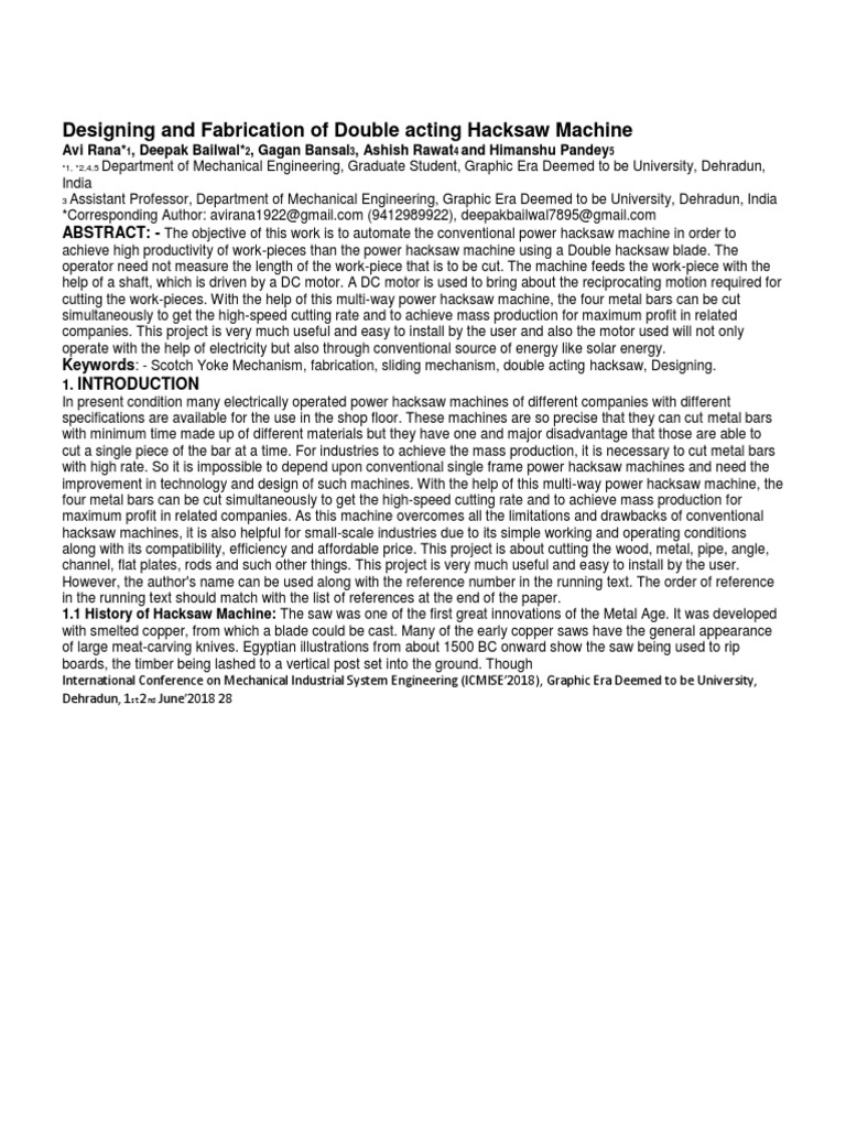 Designing and Fabrication of Double Acting Hacksaw Machine | PDF ...