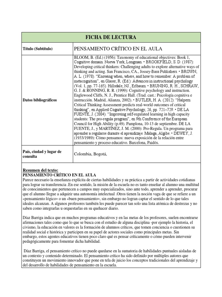 Fomentando el Pensamiento Crítico Escolar | PDF | Pensamiento crítico ...