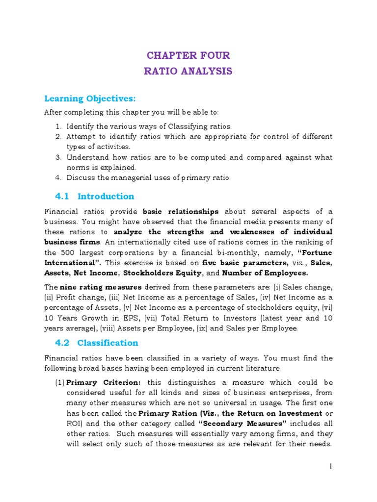 Chapter Four Ratio Analysis: Learning Objectives | PDF | Return On ...