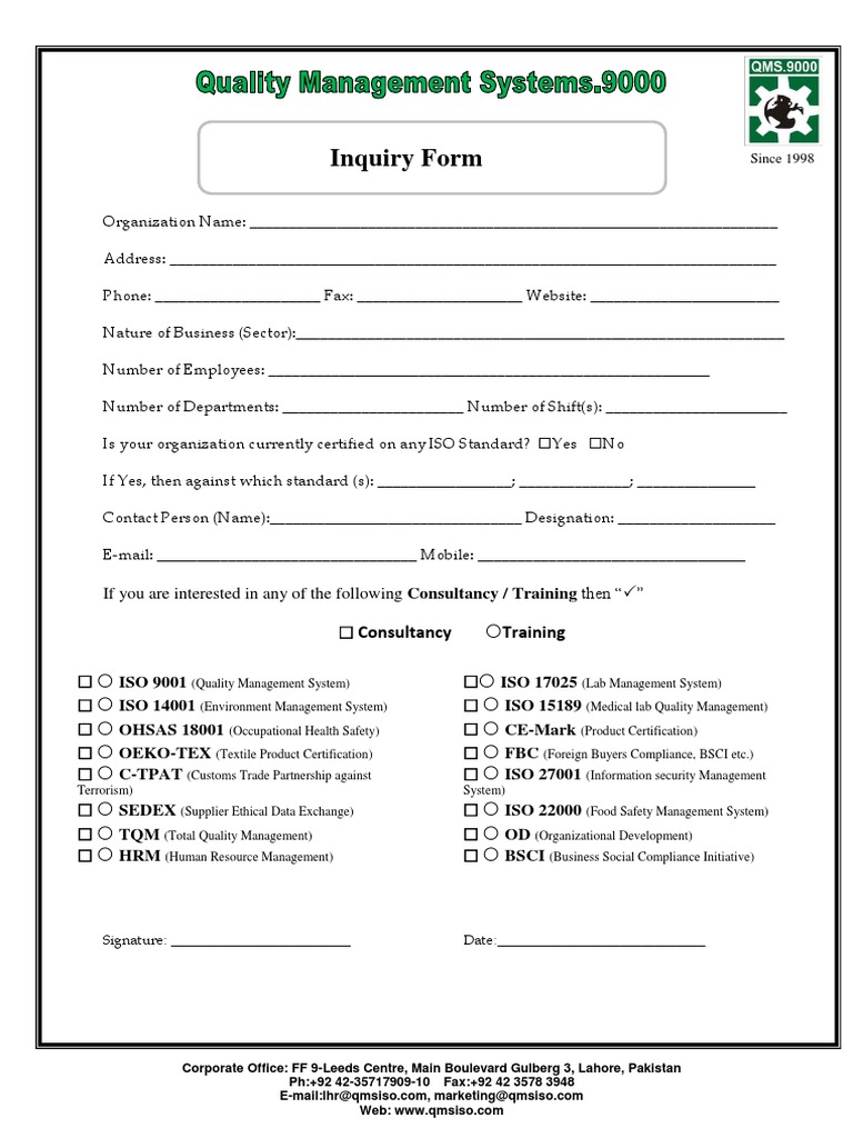 QMS.9000 Inquiry Form 3 | PDF