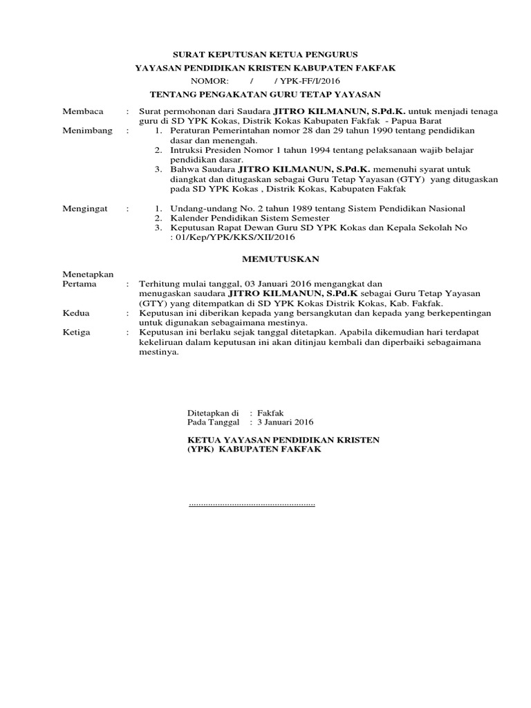 Contoh SK Guru Yayasan (Gty) | PDF