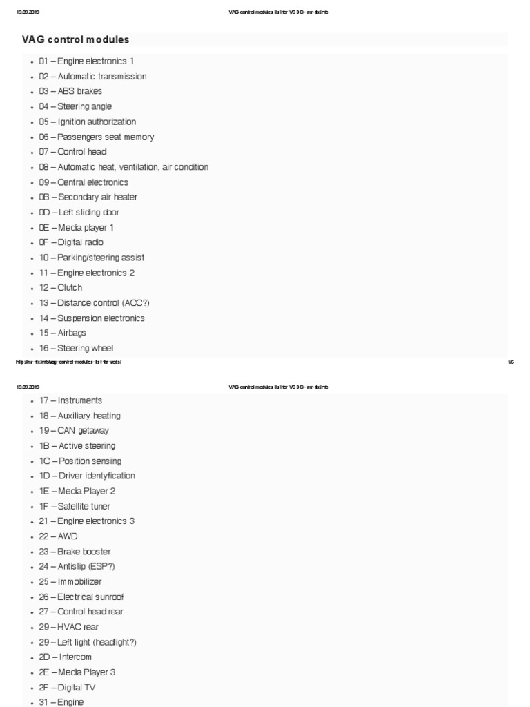 VAG Control Modules List For VCDS | PDF | Transport | Vehicles