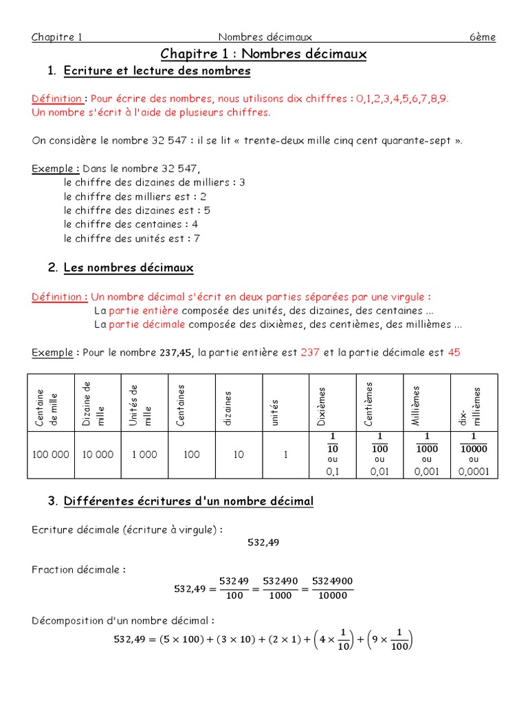 Nombres décimaux en 6ème : Cours et exercices | PDF | Nombre | Décimal