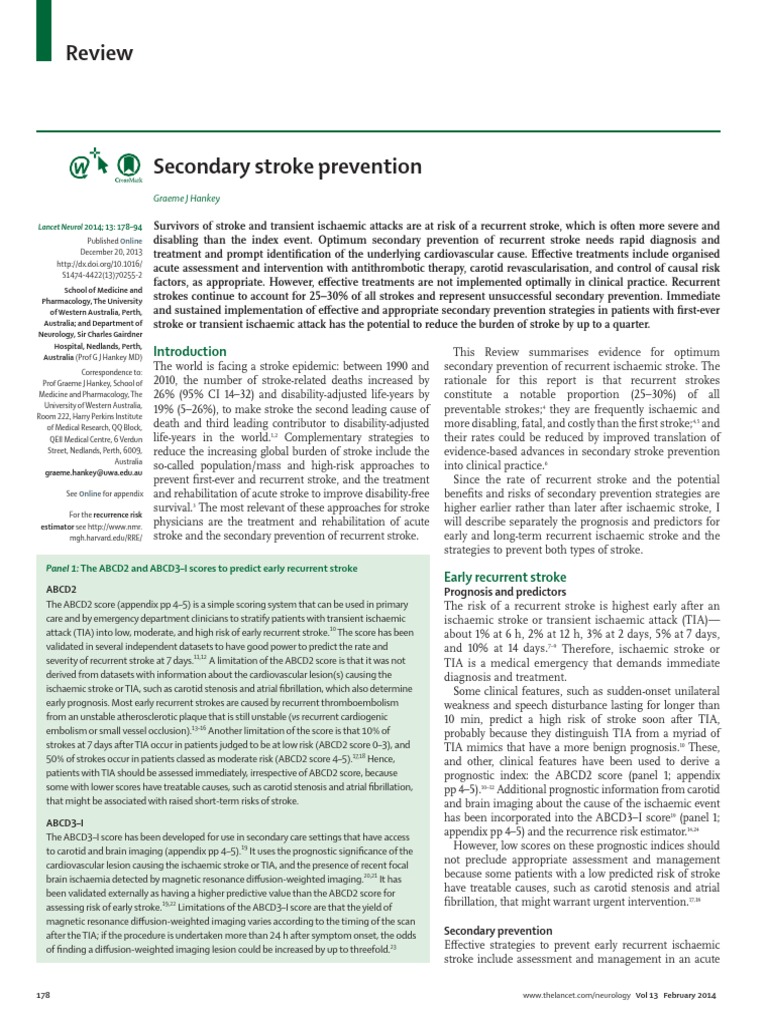 Secondary Stroke Prevention | PDF | Stroke | Ischemia