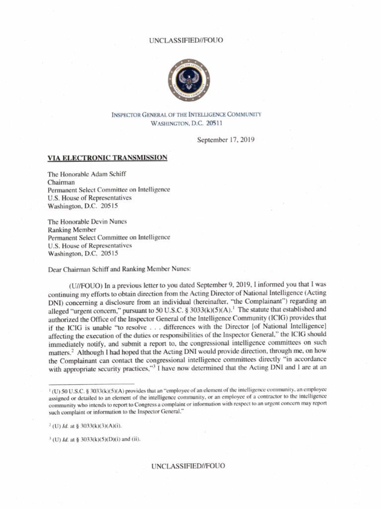 Sept. 17 Letter From Intel Inspector General To House Intelligence On ...