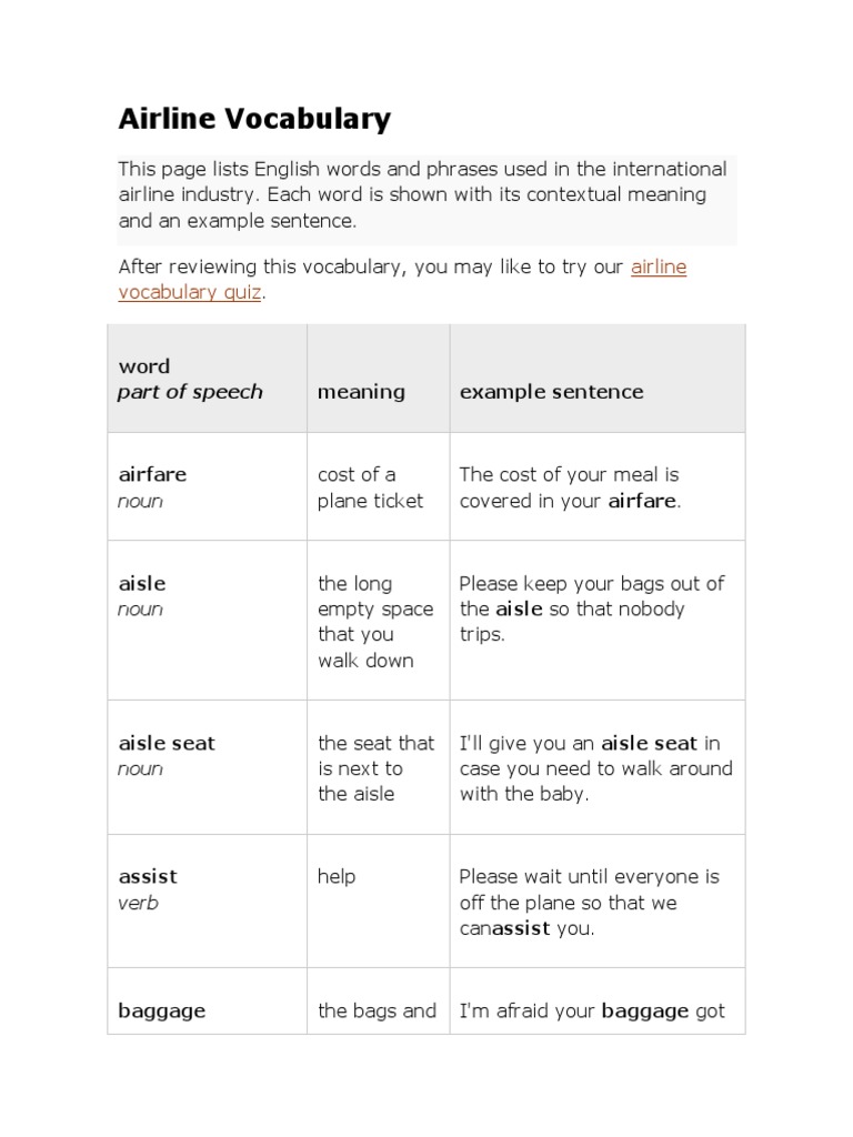 Airline Vocabulary Quiz | PDF | Baggage | Aviation