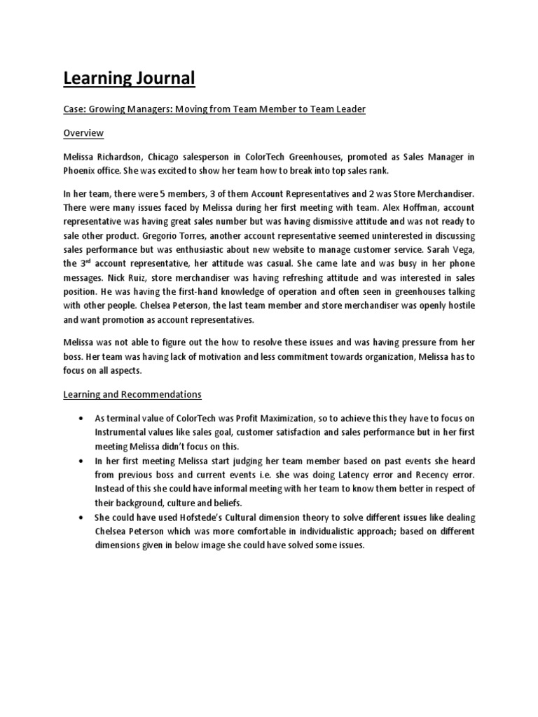 Learning Journal: Case: Growing Managers: Moving From Team Member To ...