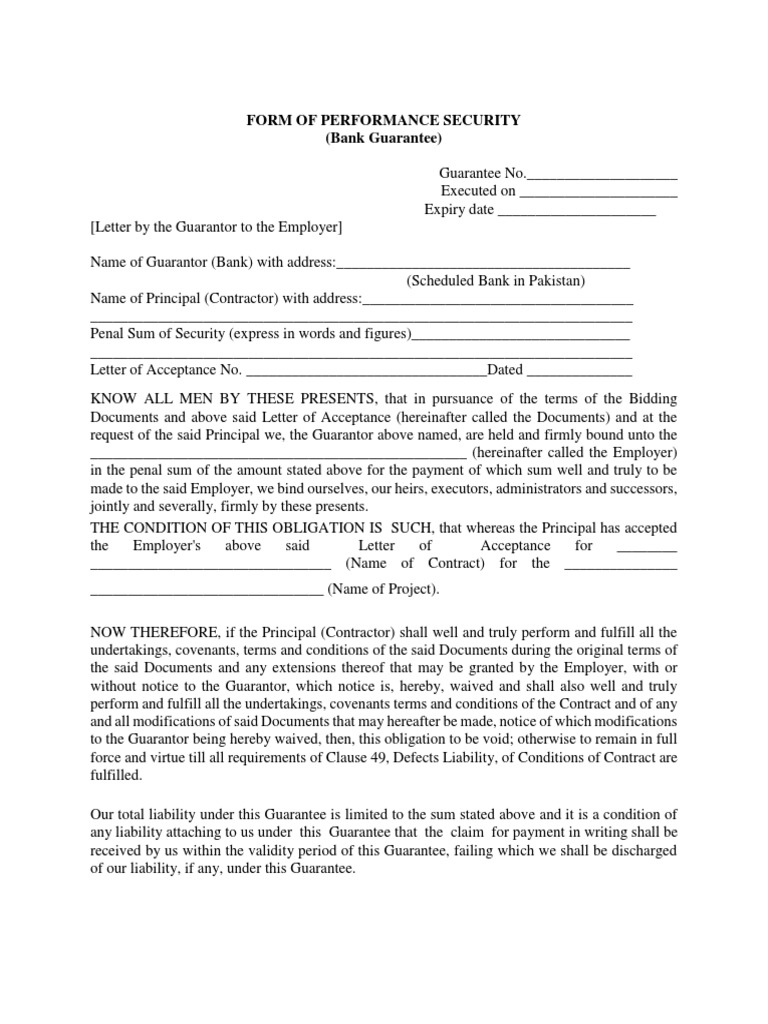 Form of Performance Security | PDF | Guarantee | Law Of Obligations