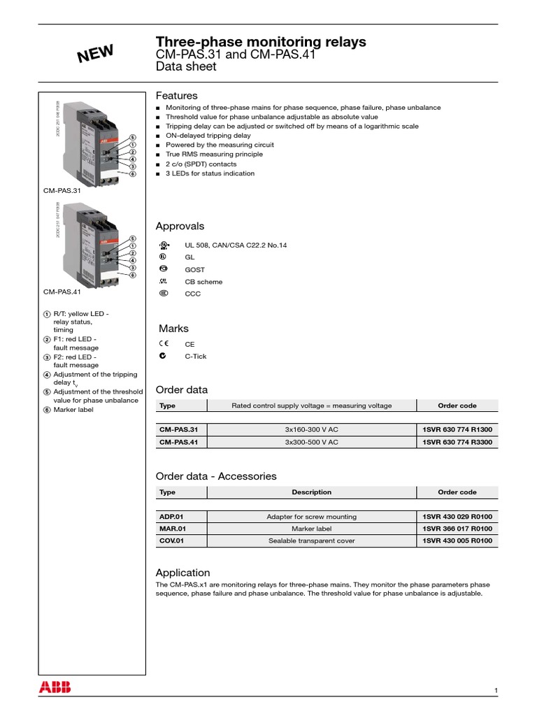 Three-Phase Monitoring Relays: CM-PAS.3 and CM-PAS.4 Data Sheet | PDF | Relay | Alternating Current