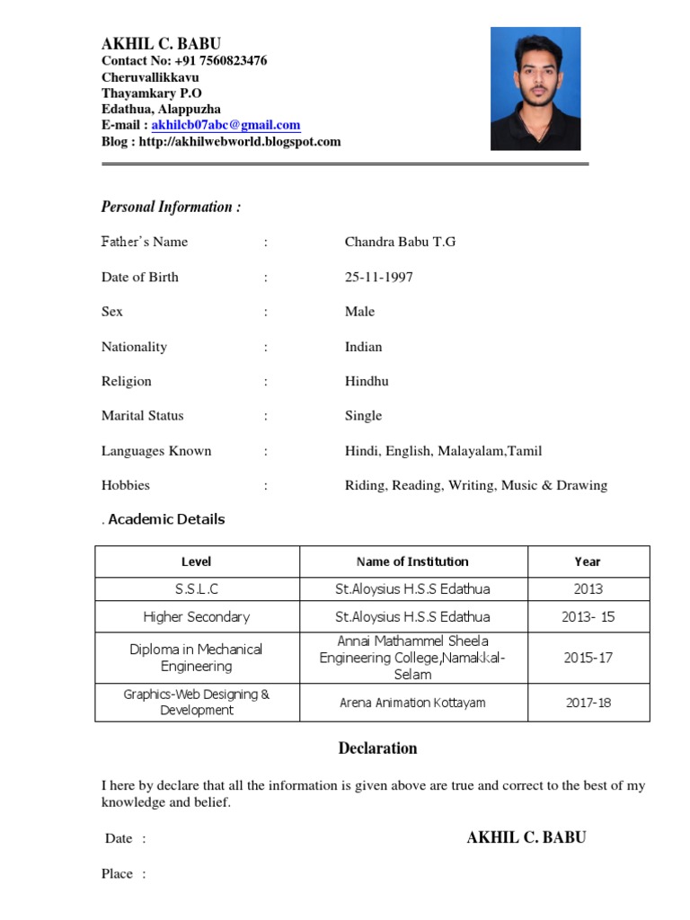 Akhil C. Babu: Personal Information | PDF