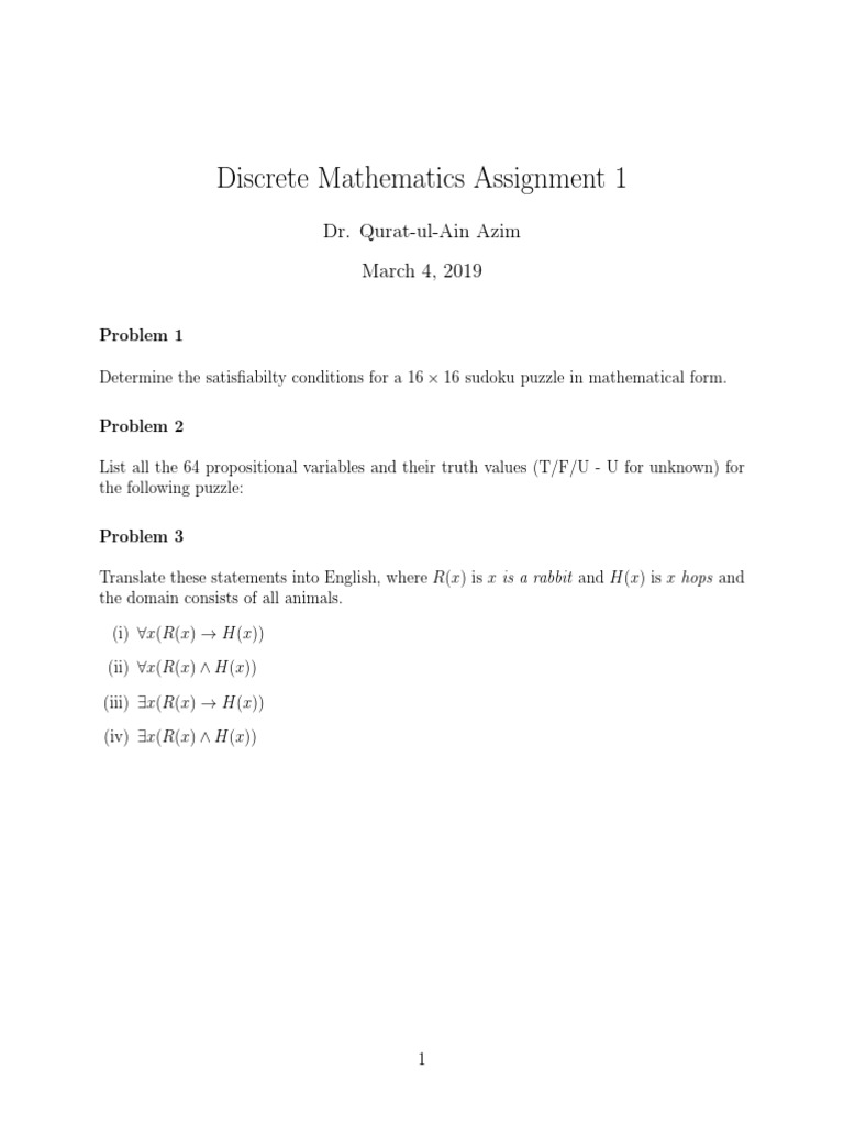 Discrete Mathematics Assignment 1: Dr. Qurat-ul-Ain Azim March 4, 2019 | PDF