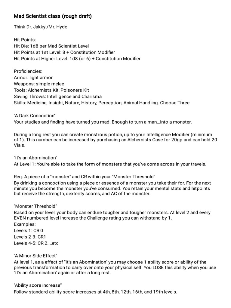 Mad Scientist Class (Rough Draft) | PDF