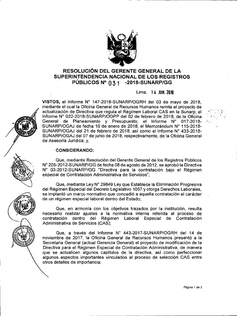 Dir N002 2018 Sunarp GG Cas PDF | PDF | Gestión de recursos humanos ...