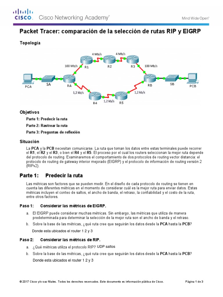 5.2.3.4 Packet Tracer - Comparing RIP and EIGRP Path Selection Instructions | PDF | Enrutamiento ...