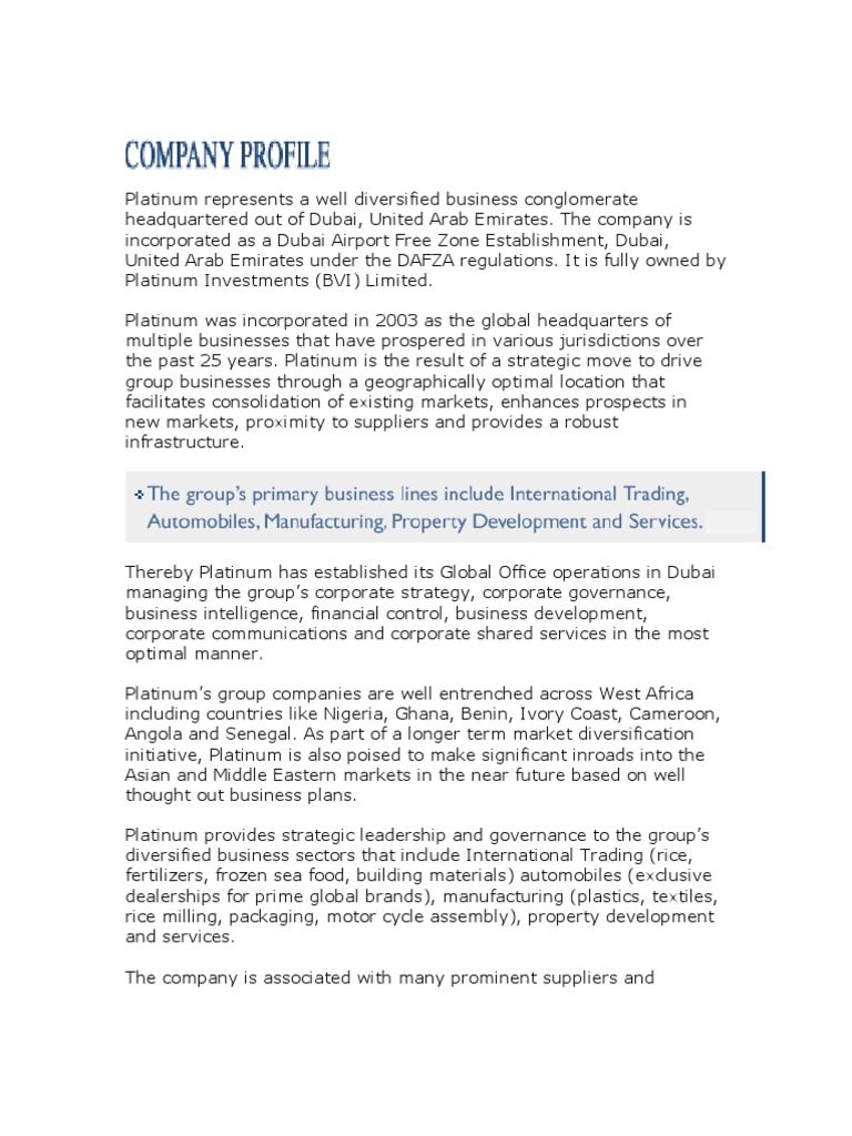 Platinum Corp: Dubai-Based Conglomerate | PDF | Innovation | Economies