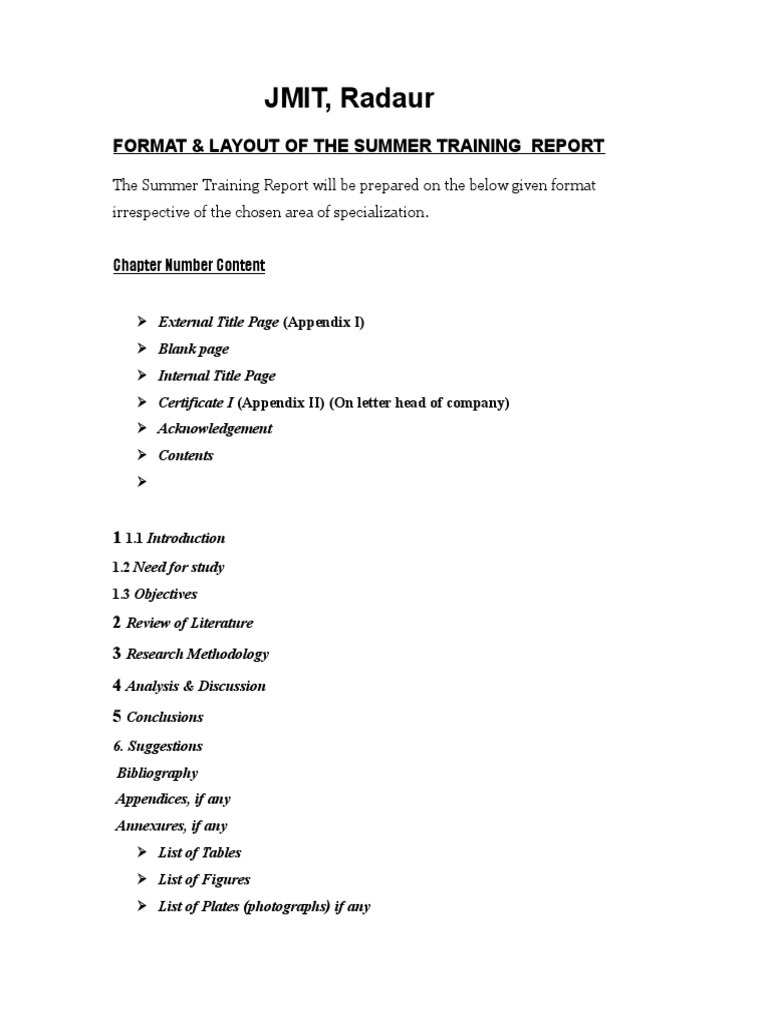 JMIT, Radaur: Format & Layout of The Summer Training Report | PDF ...
