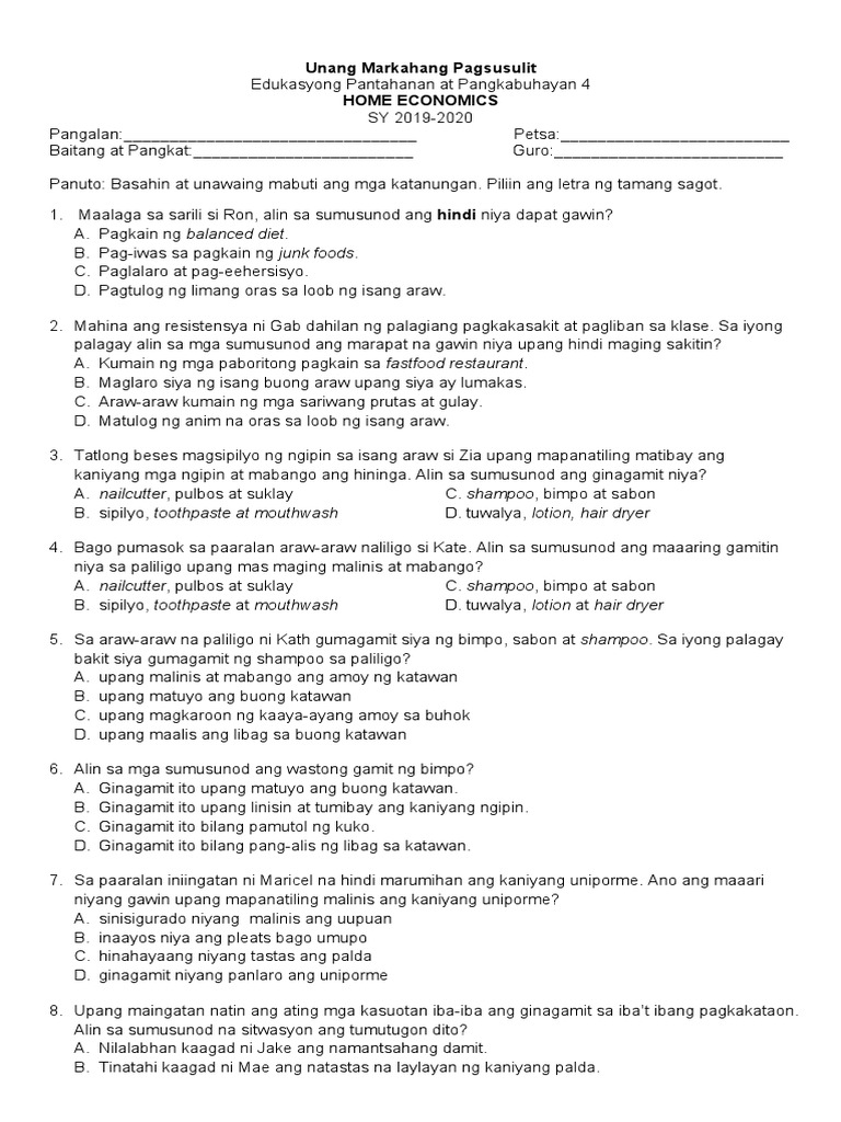 EPP 4 H. E. 1st Quarter SY 2019 2020 1 | PDF