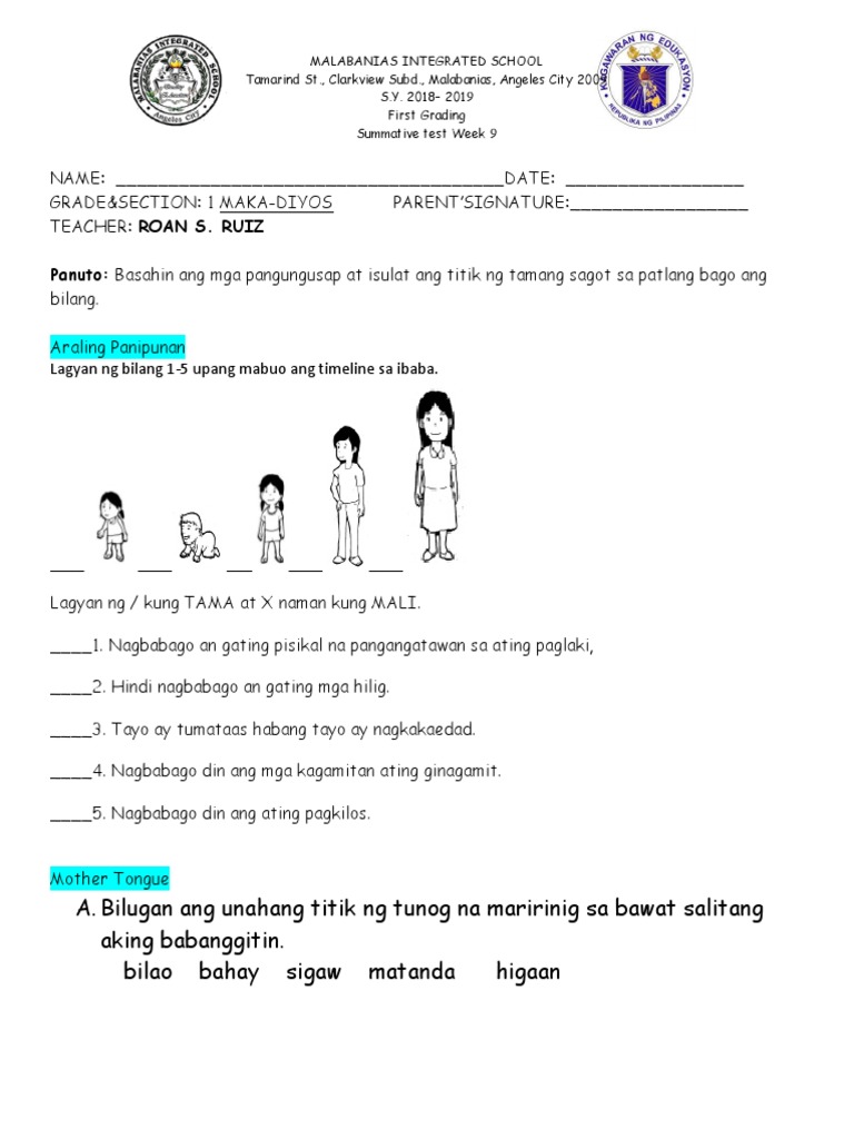 1st Grading Test Paper Week 9 | PDF