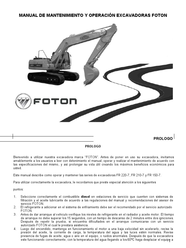 Manual Excavadoras FOTON: Operación y Mantenimiento | PDF | Demolición ...