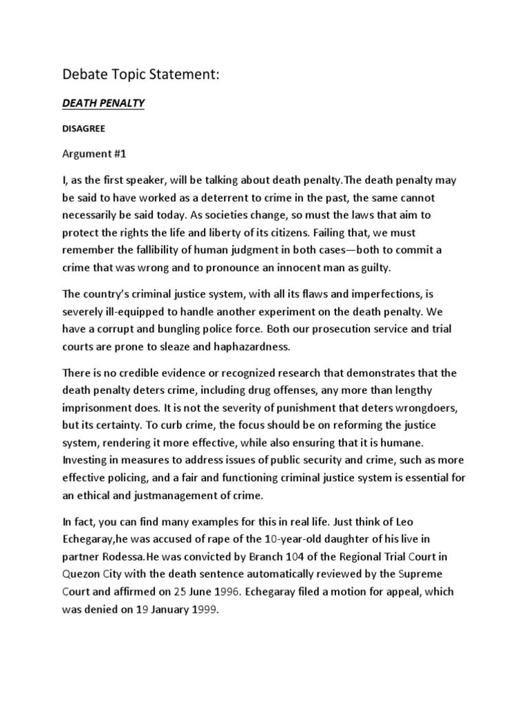 Debate Topic Statement:: Death Penalty | PDF