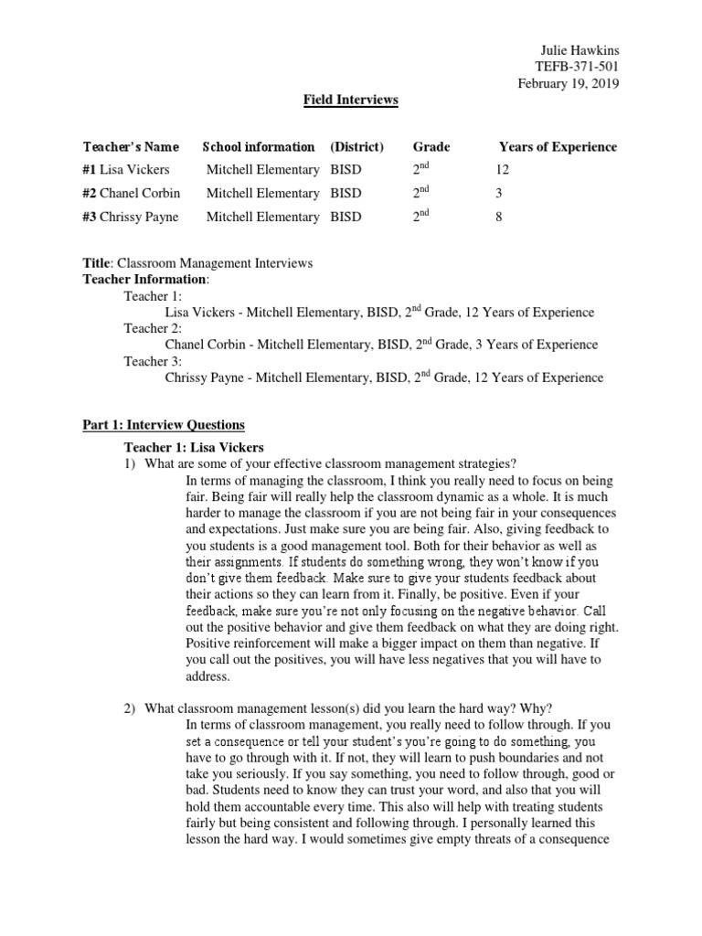 Field Interviews | PDF | Classroom Management | Reinforcement