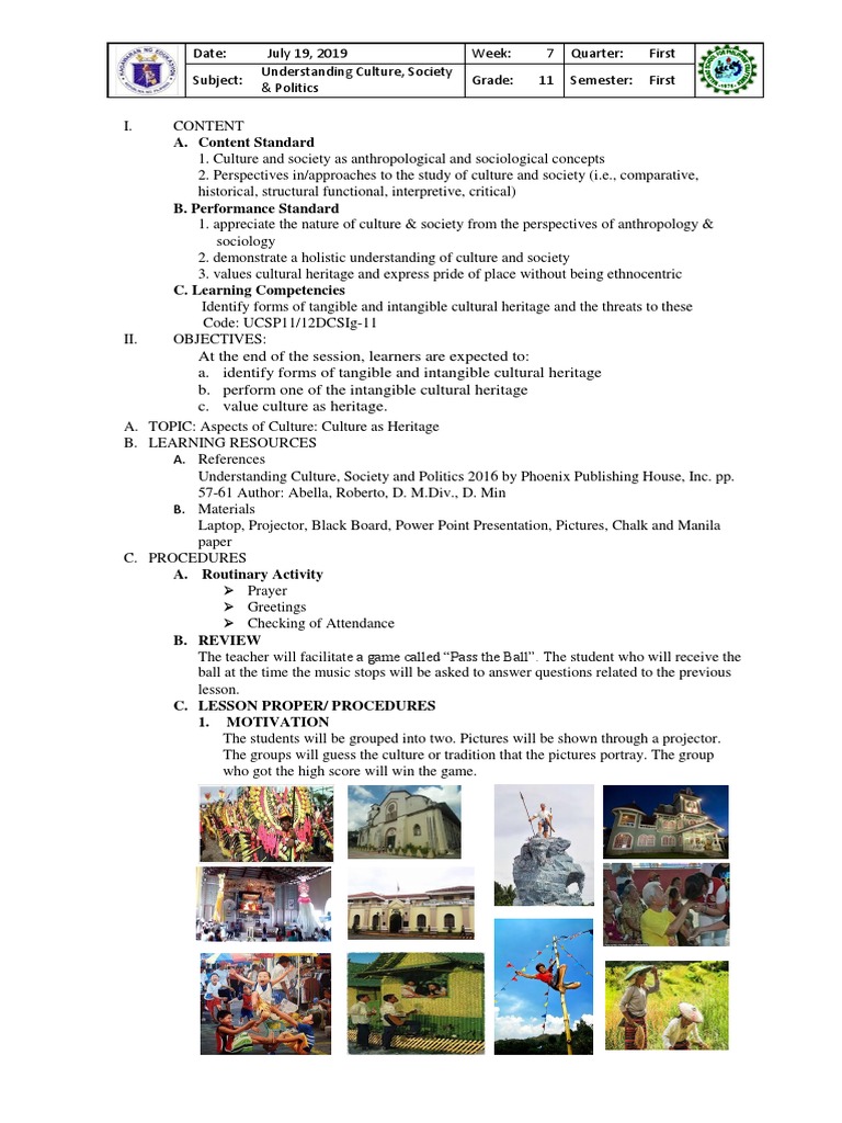 1st QTR - Ucsp Lesson Plan | PDF | Cultural Heritage | Learning