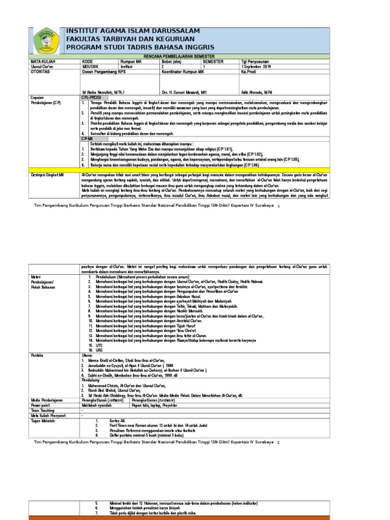 Rps Sn-Dikti Ulumul Al-Qur'an Tbig | PDF