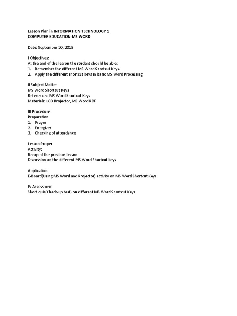 MS Word Shortcut Keys Lesson Plan | PDF | Learning | Cognition