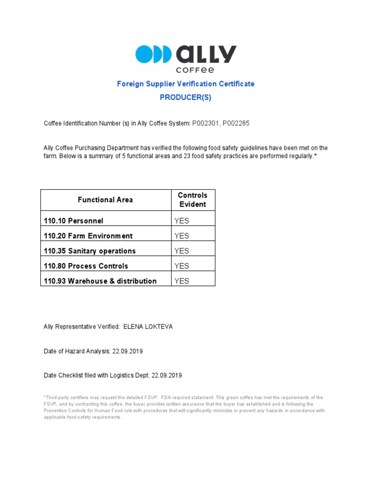 Mastercol - FSVP Certificate | PDF