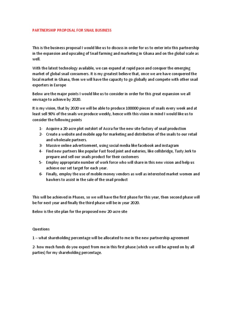 Partnership Proposal For Snail Business | PDF