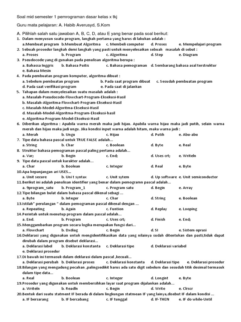 Soal Ujian Tengah Semester Pemrograman Dasar Kelas X TKJ | PDF | Komputer