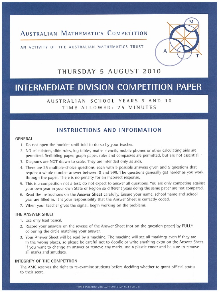 2010 AMT Mathematics Competition Years 9 and 10 | PDF