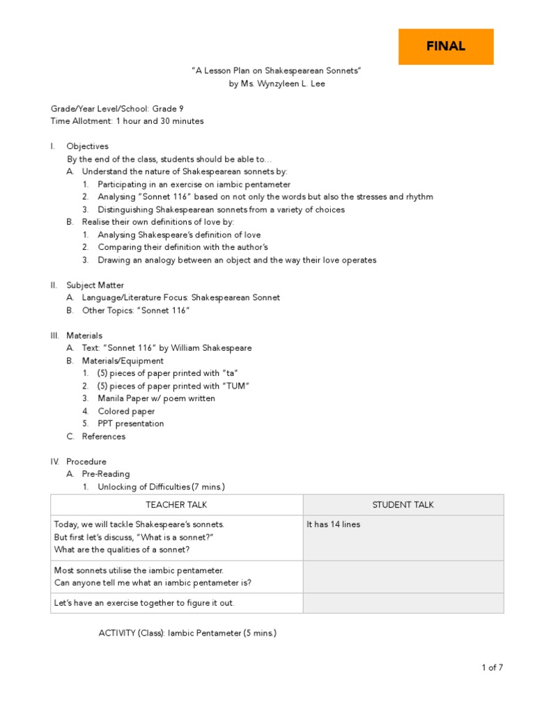 Lesson Plan On Shakespearean Sonnets | PDF | Sonnets | Poetic Form