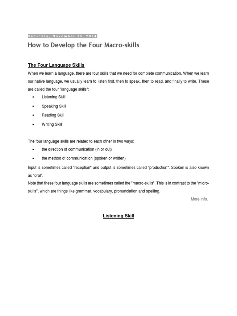 4 Macroskills | PDF | Speed Reading | Reading Comprehension