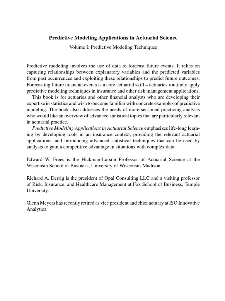 Predictive Modelling Applications in Actuarial Science Volume1 PDF | PDF | Actuarial Science ...